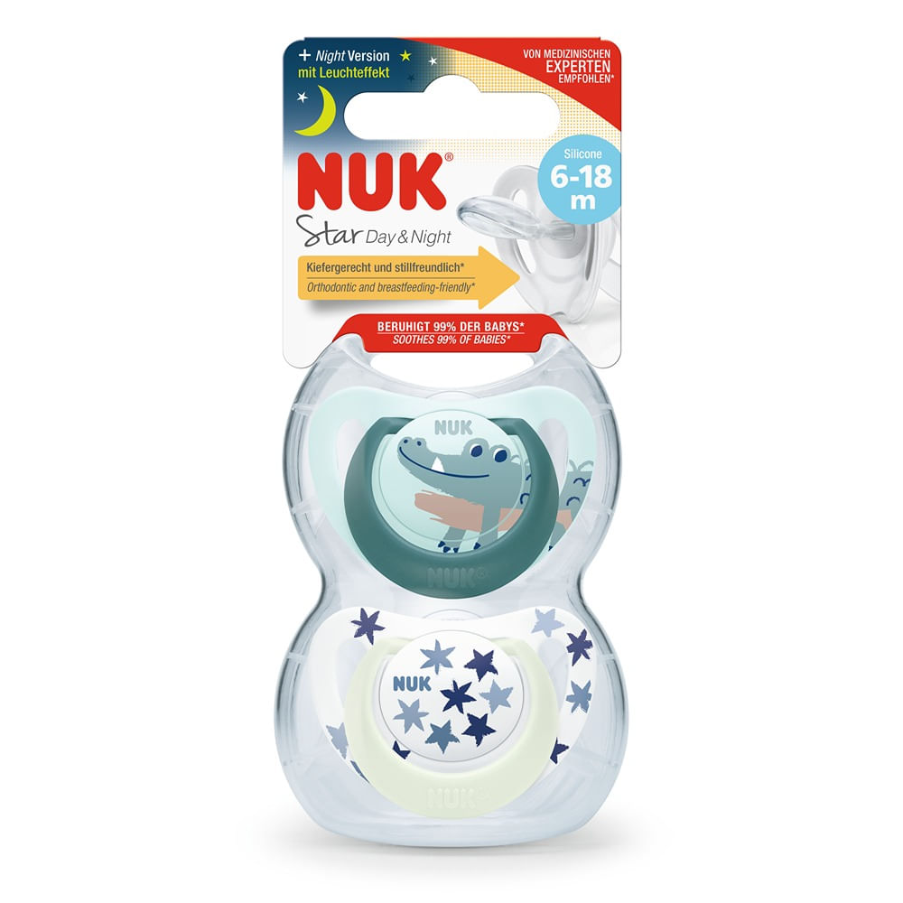 Chupete Nuk Star Day & Night Cocodrilo Celeste T2 6-18m x 2 un - Farmacity